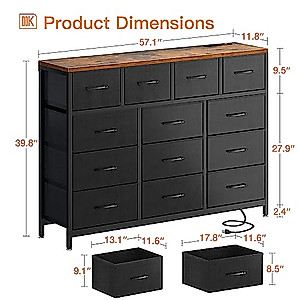 ODK Long Dresser with 3 Outlets and 2 USB Charging Ports, 57'' Wide TV Stand with 13 Large Drawers, Chest of Drawers Easy-Pull Fabric Dresser for Bedroom, Living Room, Hallway, Black and Vintage