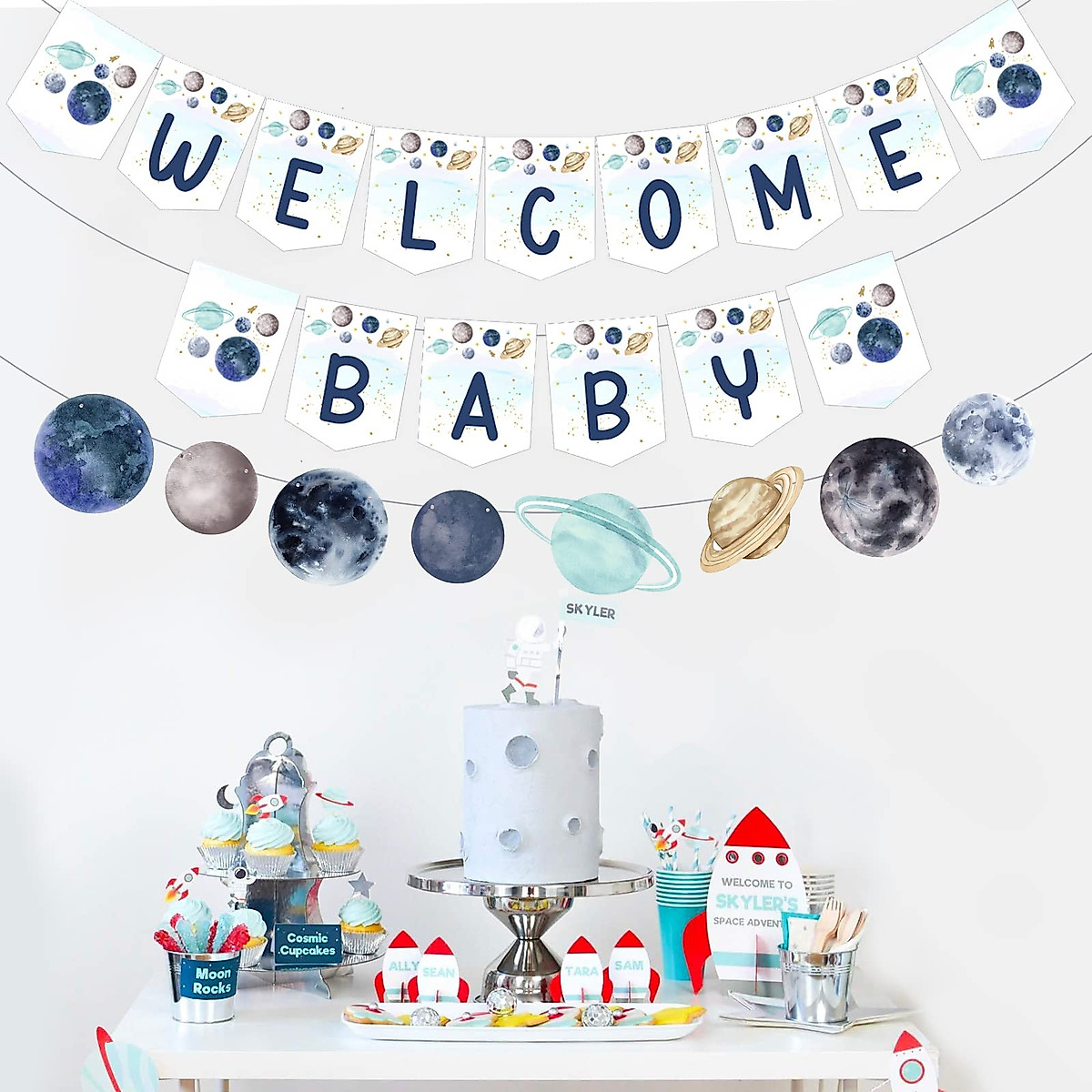 Fangleland Outer Space Baby Shower Banner Garland for Boy, Universe Welcome Baby Banner Decor for Galaxy Planet Themed Party Supplies