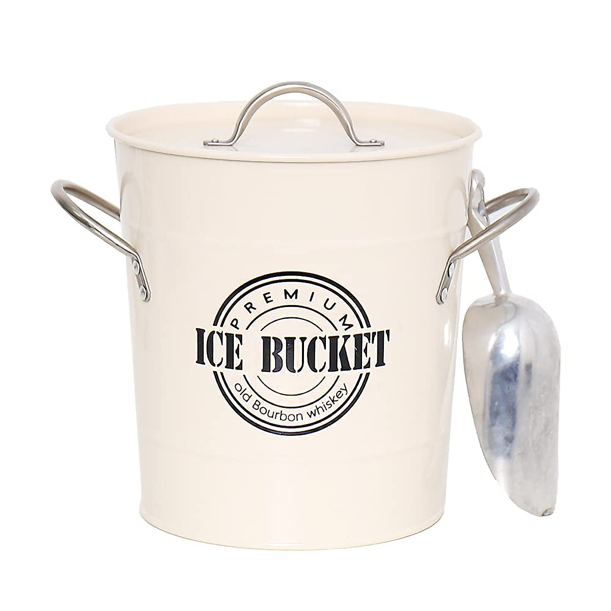 Home by Jackie Inc T586A 4L Cream White Metal Galvanized Double Walled Ice Bucket Set with Lid and Scoop