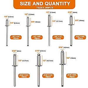ISPINNER 260pcs Stainless Steel Blind Rivets, 7 Sizes Pop Rivets Assortment Kit