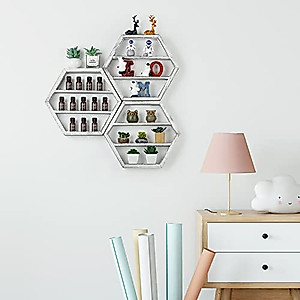 Essential Oils Storage Shelf Wall Mounted Rustic Nail Polish Rack Organizer Wood Farmhouse Hexagonal Floating Shelves for Bathroom Bedroom Living Room Office, Rustic White