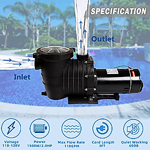 TOPWAY 2HP 110v Swimming Pool Pump 111GPM Filter Garden lnground and Above Ground Pools Water Pump