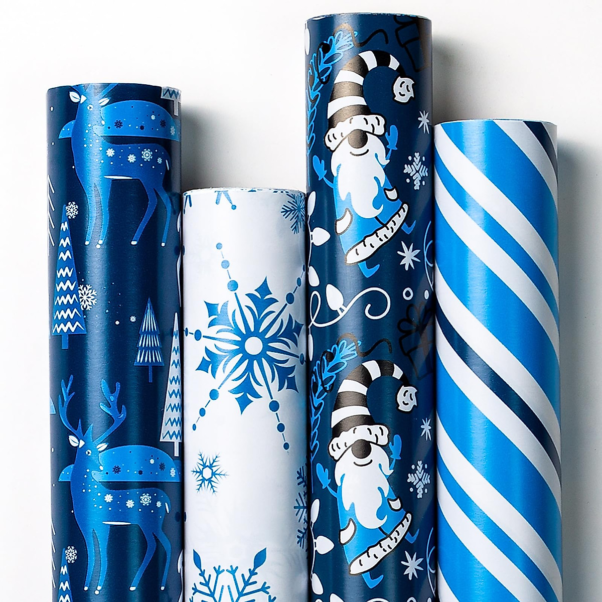 Flyhill Jumbo Christmas Wrapping Paper Bundle with Gridlines-30 In X120 In-4 Roll-Snowmen & Santa Claus & Snowflakes & Reindeer & White Stripes & Tree for New Year,Birthday,Holiday