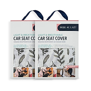 Bebe au Lait Classic Muslin Car Seat Cover -Perfect Baby Car Seat Covers for Babies, Car Seat Canopy, Unisex Baby Car Seat Cover- Easy Snap Straps, Fully Zippered Opening, Breathable- Leaves