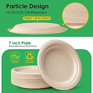 Gezond 100% Compostable Paper Plates 7 Inch, 150pcs Disposable Heavy-Duty Plates Unbleached Biodegradable Plate Made of Sugarcane Fiber