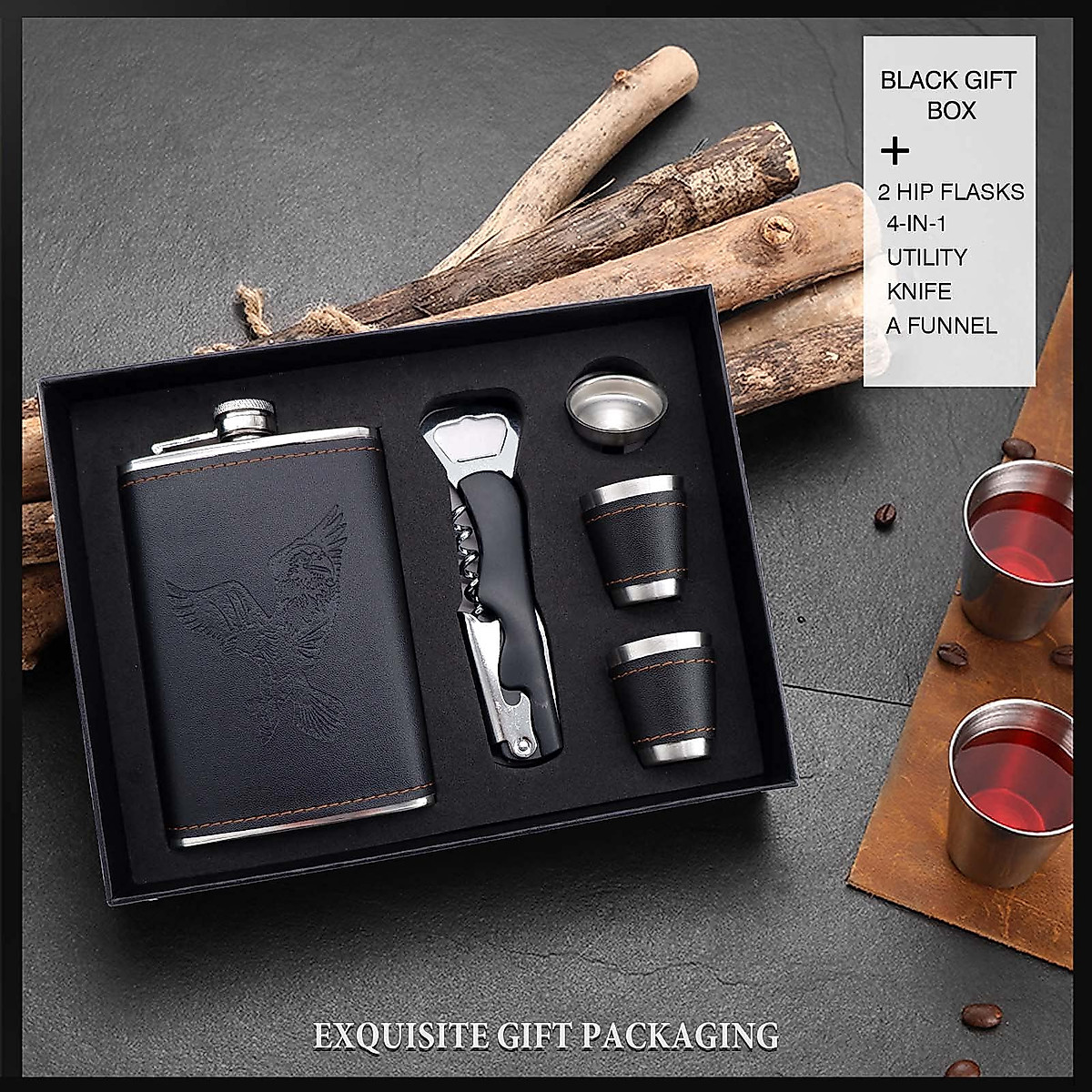 RNUIE Hip Flasks for Liquor Sets for Men,9 Oz Personalized Whiskey Stainless Steel Flagon,2 Cups+1Corkscrew+1 Mini Funnel for Husband Christmas Birthday Ornaments(eagle)