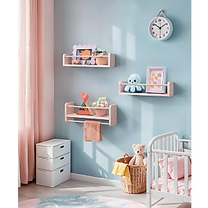 Maxpeuvon Nursery Book Shelves, Set of 3 Kids Bookshelves Natural Wood Wall Mount Organizer with Towel Bar Hanging Nursery Decor for Kids Room, Playroom, Bedroom and Kitchen, Pink