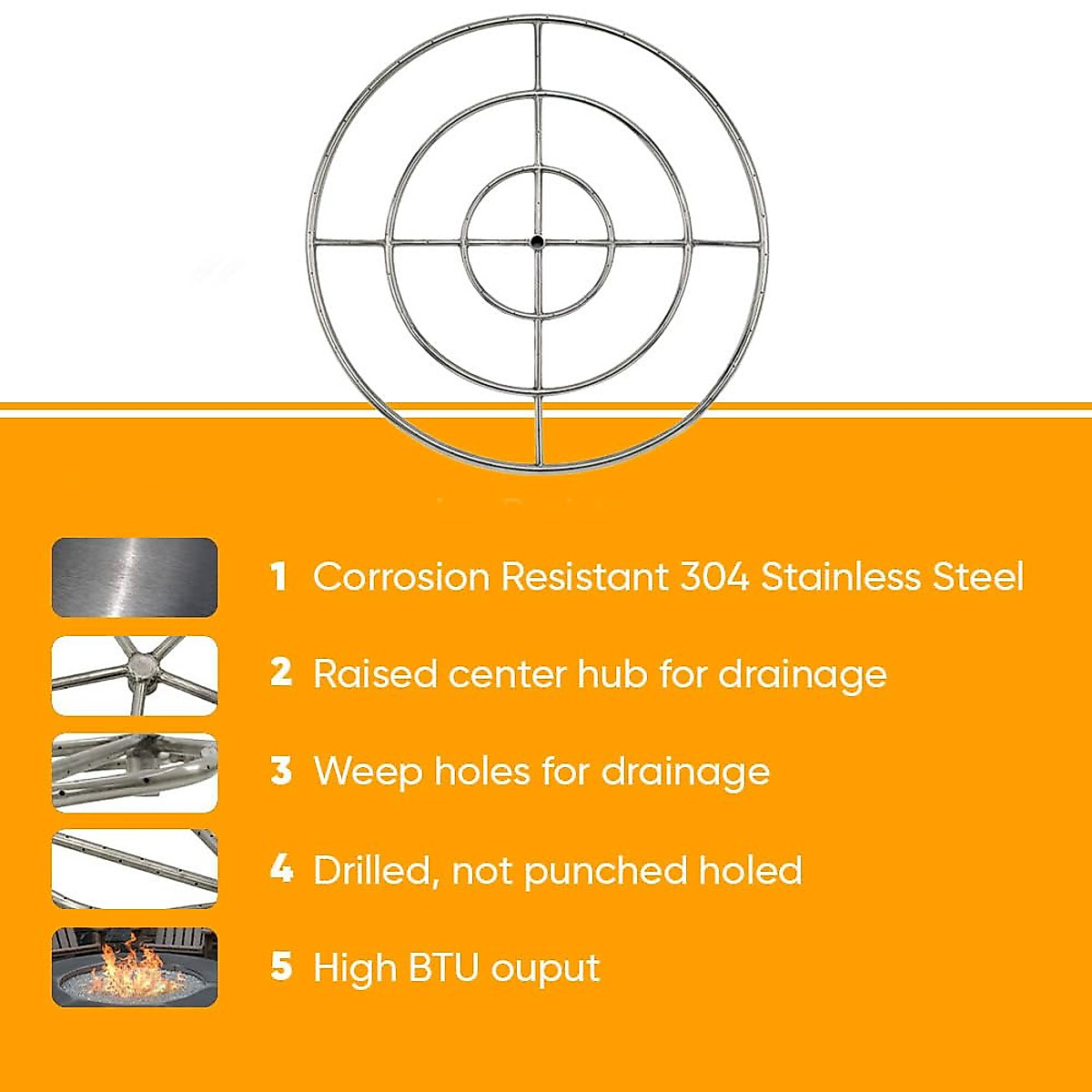 Spotix AFG Match Lit Fire Pit Burner Kit (SS-FR-36KIT-PAN-NG-MSCB), Round, 36-Inch Burner, 42-Inch Flat Pan, Natural Gas, Polished Chrome, with Flange, Key, Valve, Flex Line and Fittings