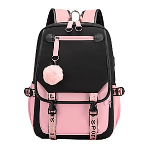 JiaYou Teenage Girls' Backpack Middle School Students Bookbag Outdoor Daypack with USB Charge Port (21 Liters, Black Pink)