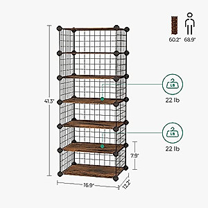 SONGMICS 6-Tier Shoe Rack for 12 Pairs, Expandable Modular DIY Storage Shelf, Closet Divider, with Plastic Panels, Rustic Brown + Black