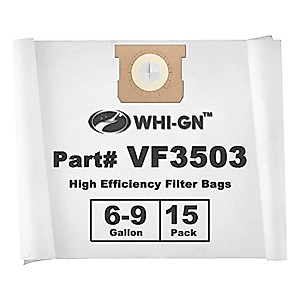 WHI-GN VF3503 Replacement Bags Size b, compatible with Rigid 6-9 Gallon Wet/Dry Vacs (15 Pack)