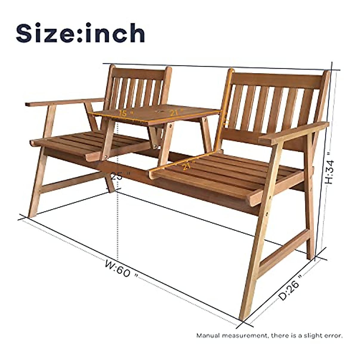 HCY Outdoor Bench, Garden Bench Patio 2 Person Chair Front Porch Decor Middle Table Conversation Sets with Umbrella Hole Backrest Armrests,for Outdoor, Park, Yard (Natural ,60 x 26x 34 Inches