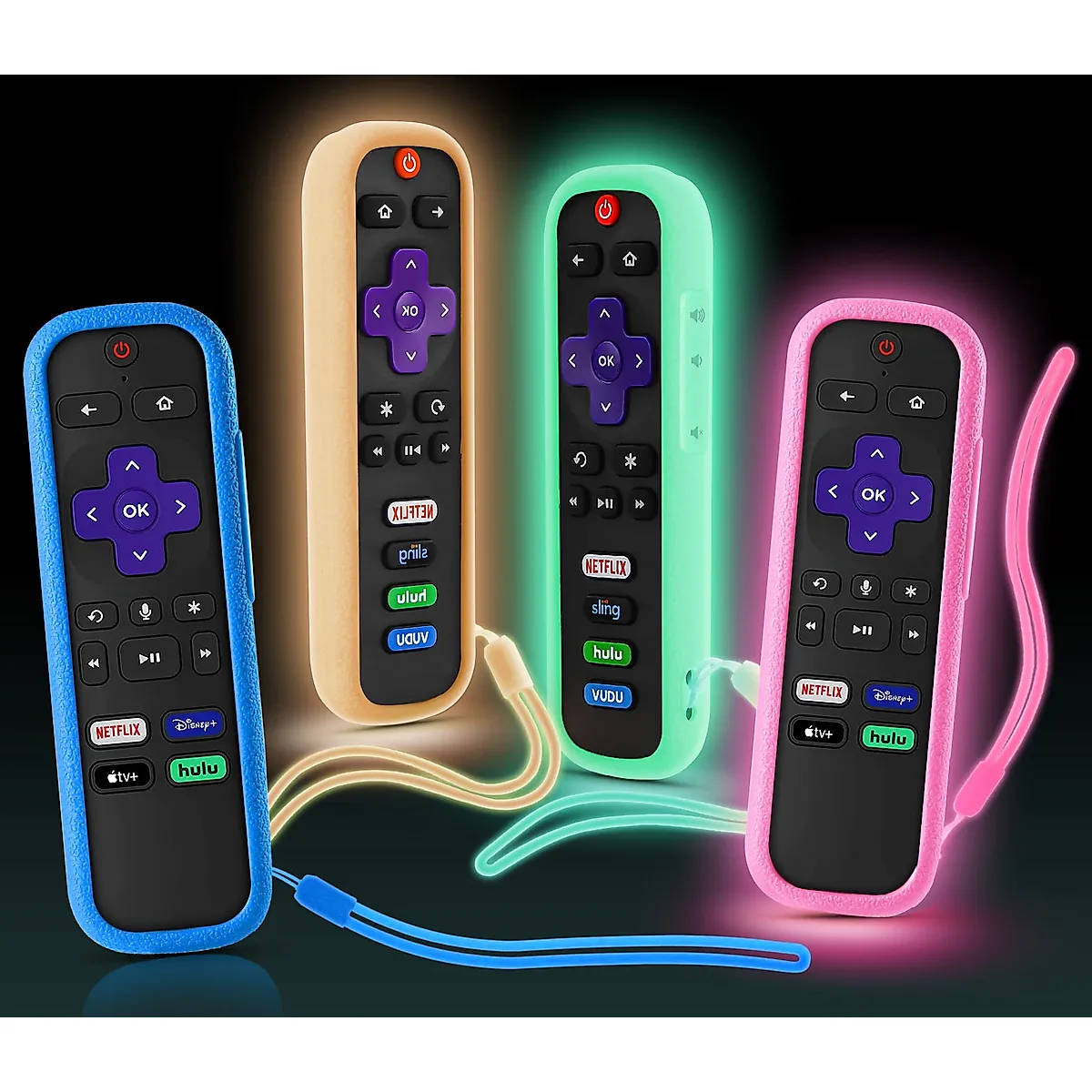 [4 Pack] SOTATOO Case for Roku Remote, Battery Cover for TCL Roku Smart TV Steaming Stick Remote, Silicone Protective Controller Universal Sleeve Skin Glow in The Dark Pink Orange Green Blue