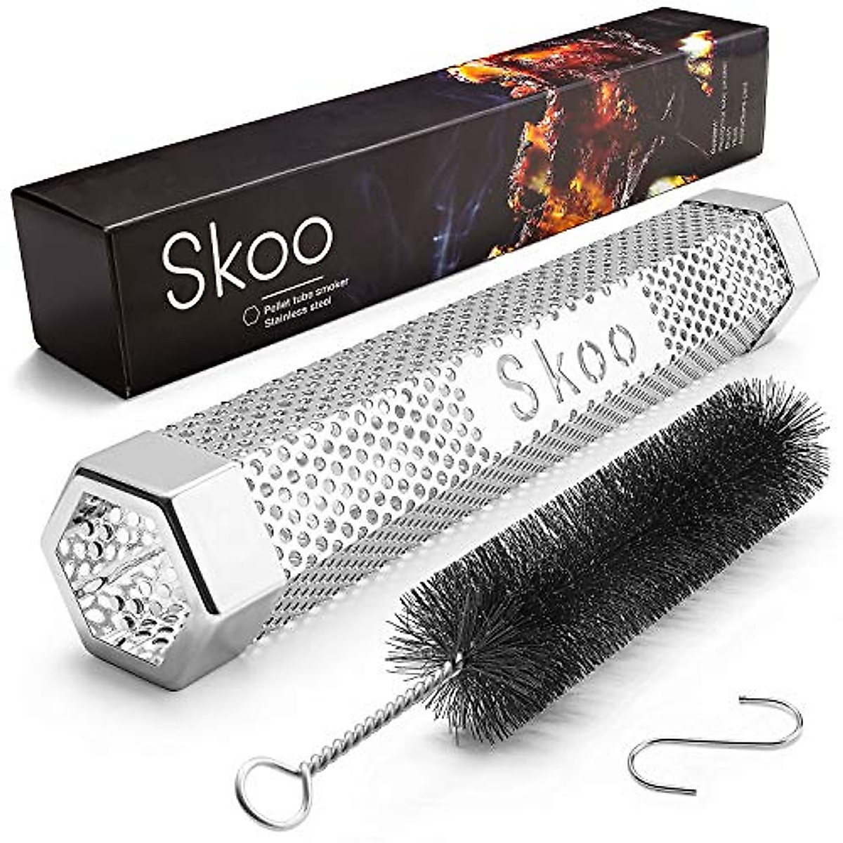 Skoo Pellet Smoker - BBQ Hexagonal Smoking Tube + Brush + Hook + Free EBook + Digital User Guide - 5 Hours of Billowing Smoke - For Electric, Gas, Charcoal Grills or Smokers
