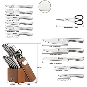 Kitchen Knife Set, Hanmaster 13 Pieces Stainless Steel Knife Sets for Kitchen with Block, Acacia Wood Knife Block Set with Sharpener, Gift Box Packed, Silver.