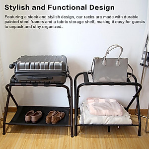 Yuihochic Luggage Rack, Pack of 2, Suitcase Stand with Fabric Storage Shelf, for Guest Room,Bedroom,Hotel, Foldable Painted Steel Frame (Black+Package Quantity 2)