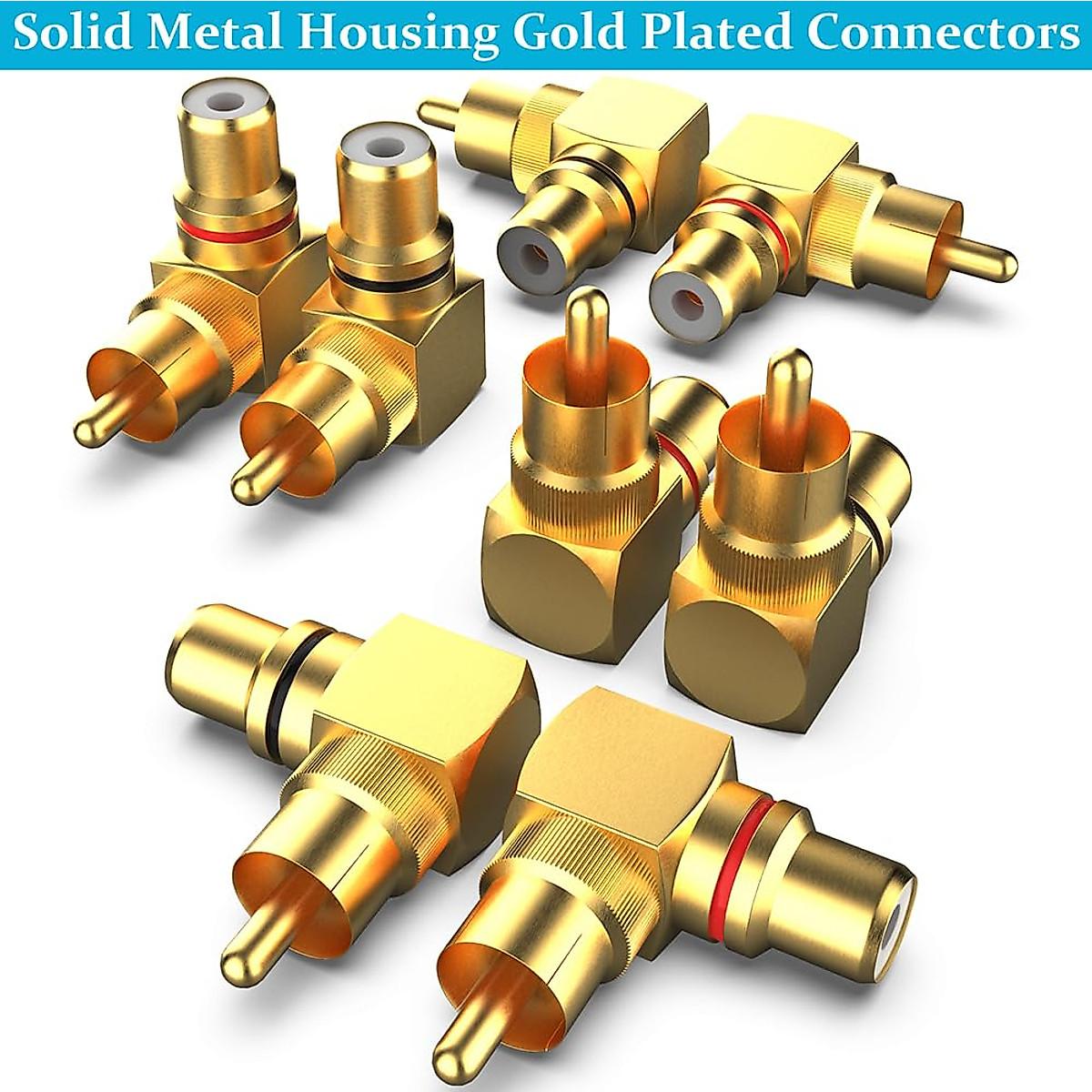 Warmstor RCA Right Angle Adapter, Gold-Plated 8-Pack 90 Degree Metal RCA Male to RCA Female Connector Adapter (4 Black + 4 Red)