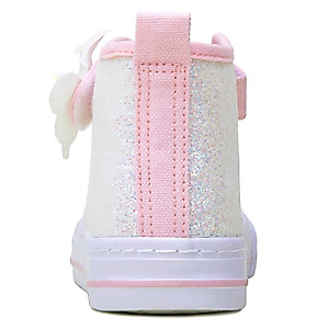 Toandon Girls Kids Sneakers Glitter Canvas Shoes Sparkle High Top Toddler Child Adjustable Hook Loop Straps Velcro Non Slip Lightweight Walking Outdoor Sequins Pink White Size 2
