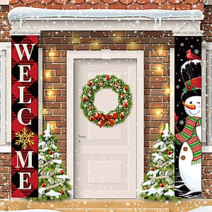Christmas Porch Signs Snowman Christmas Decorations Supplies Merry Christmas Hanging Flags Welcome Winter Door Banners for Holiday Home Indoor Outdoor Wall Xmas Decor