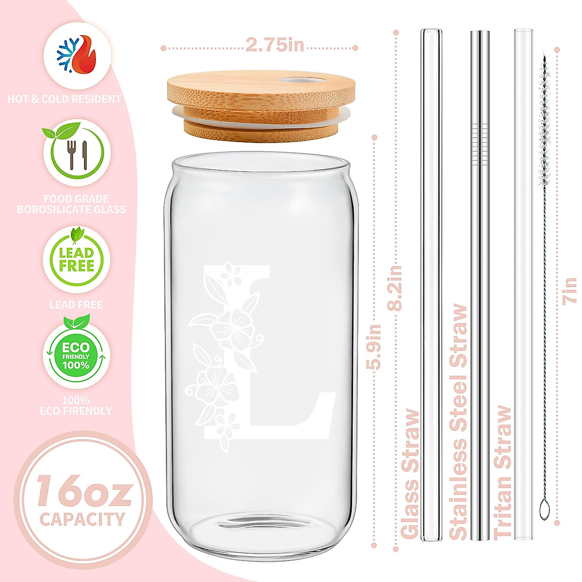 Personalized Tumbler, Monogrammed Can Glass Cups with Bamboo Lids and Straws, Customized Gifts for Women, Cute Design Initial Iced Coffee glasses, Custom Letter Mug, Birthday Bridesmaid, A