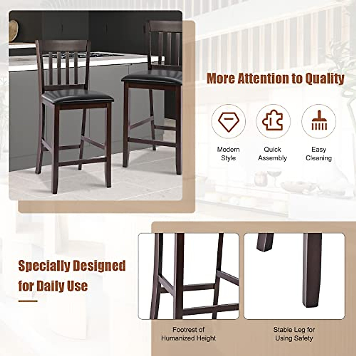 COSTWAY Bar Stools Set of 2, 25” Counter Height Pub Chairs with Rubber Wood Legs, Armless Bar Chairs with Elastic Cushion & PU Cover for Kitchen, Living Room, Bar, Fit Residential Use (2)