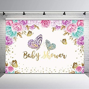Avezano 7x5ft Butterfly Baby Shower Backdrop Spring Floral Butterfly Baby Shower Gold Dots Background Vinyl Flowers Golden Butterfly Baby Shower Backdrops Decorations