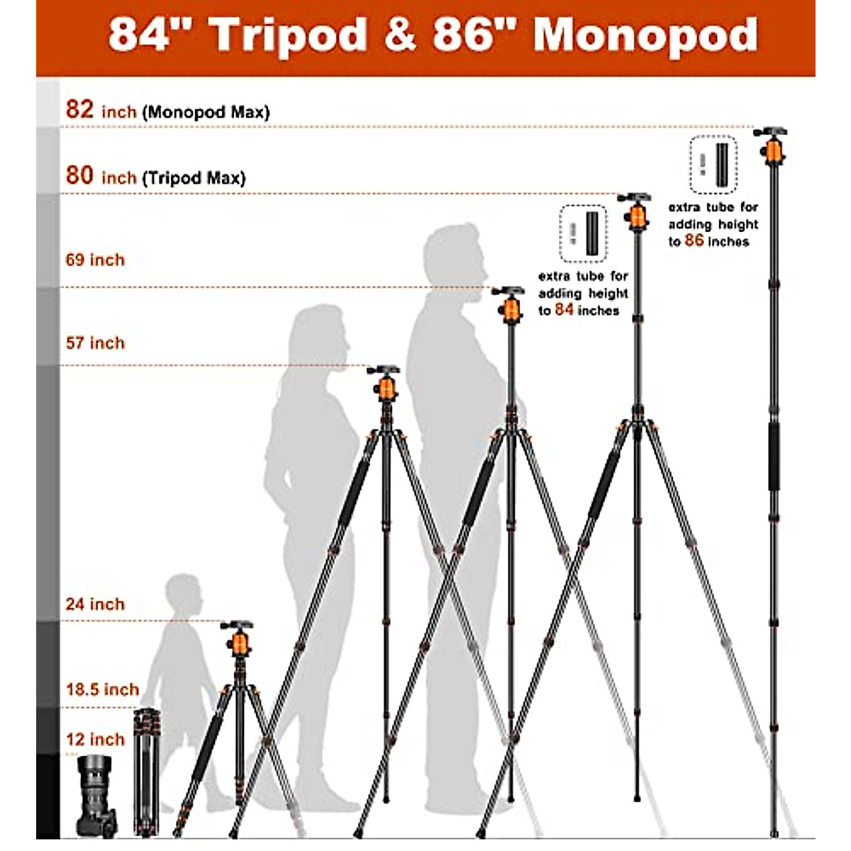 Camera Tripod, 80/84 inches Heavy Duty Tripod for Camera and Phone, 82" Camera Monopod Tripod, DSLR Binoculars Spotting Scope Camcorders Video Tripod Stand, 360 Degree Ball Head, 35 lbs Loads