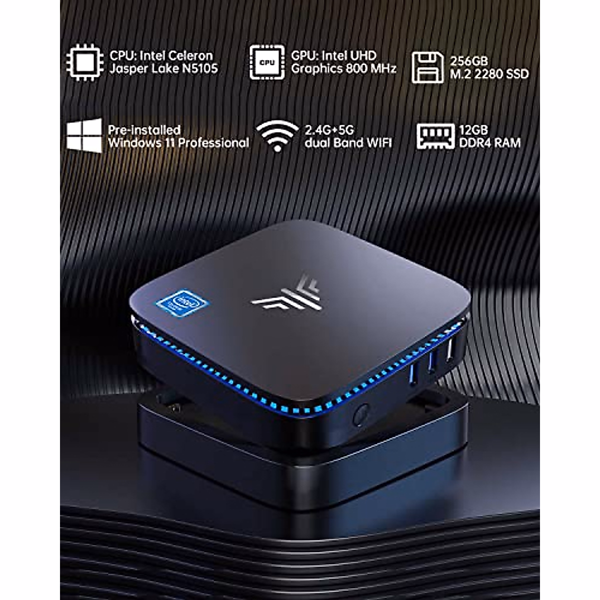 KAMRUI Mini PC, AK1 PRO 12GB RAM 256GB SSD Mini Desktop Computer Intel Celeron N5105 Processor,Quad Core Micro Computer 4K, Support 2.5-inch SSD, 2.4G/ 5.0G WiFi, Gigabit Ethernet, HTPC