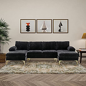 Homtique U Shaped Sectional Couch,Modern Large Modular Sectional Sofa for Living Room,Chenille Fabric Oversized Couch with Chaise Lounge and Golden Legs (Black)