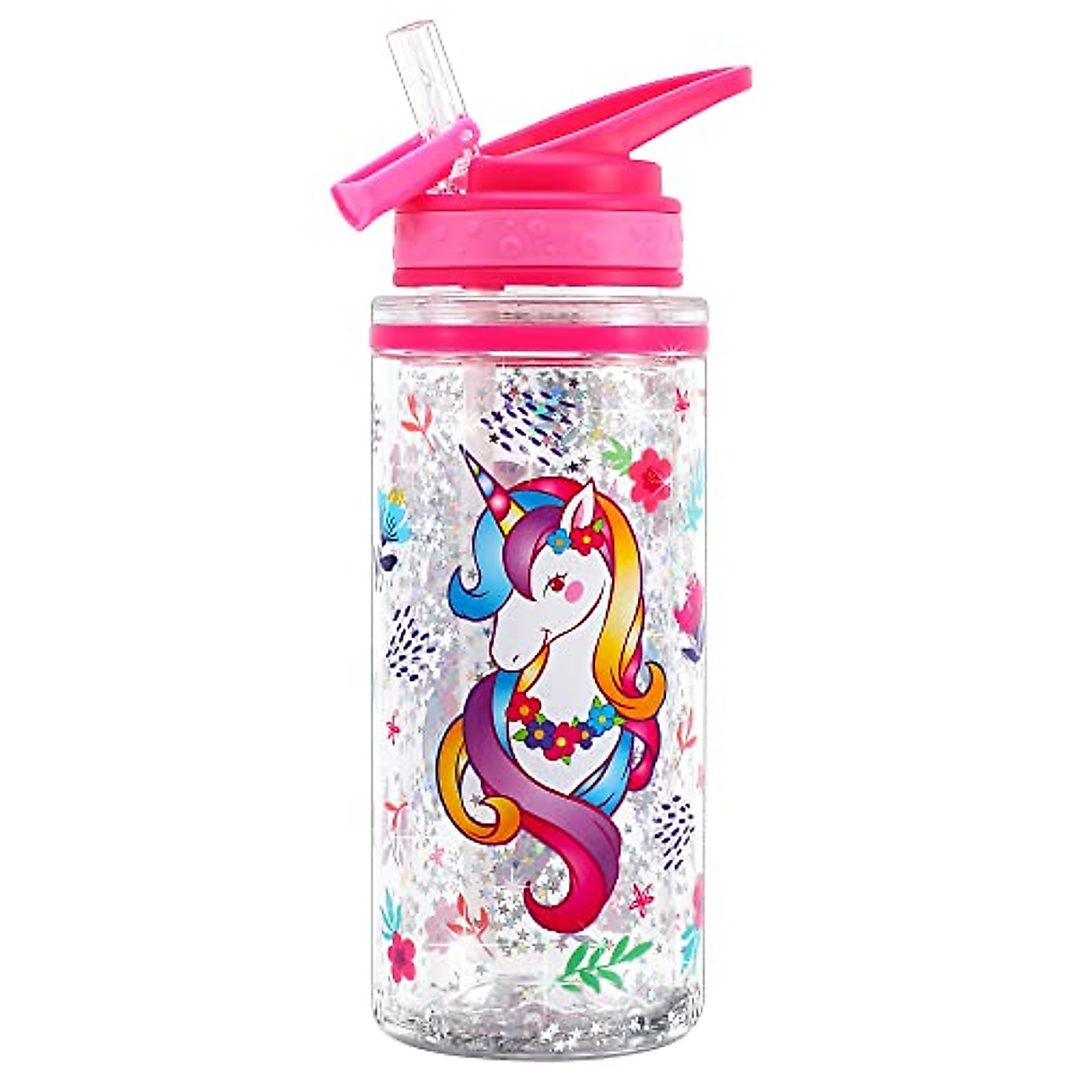 Home Tune Cute Water Bottle for School Kids Girls Boys, BPA FREE Tritan, Double Wall, Leak Proof Flip Straw, Easy Clean, Carry Handle, 15oz/ 450ml - Unicorn