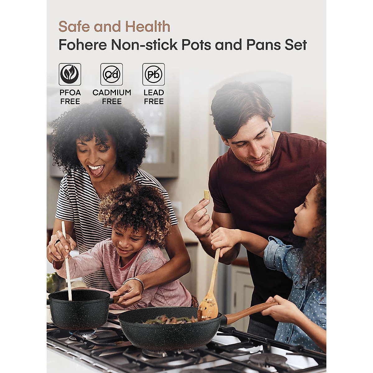 FOHERE Pots and Pans Set with Lids 15 PCS, Aluminum Nonstick Induction Cookware Sets, with Frying Pans, Saucepans, Stock Pot, Pizza Pan, Griddle Pan, and Food Steamer, Silicone Food Strainer, Black