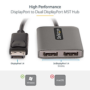 StarTech.com 2-Port DisplayPort 1.4 Splitter, DP to 2x DP Multi-Monitor Adapter, Dual 5K 60Hz MST Hub, Windows Only (no support for macOS/ChromeOS/Linux)