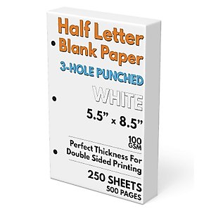 Half Letter Blank Paper, 3-Hole Punched, 250 Sheets/500 Pages, 100 GSM, Printer Paper Binder Refill, 5.5 in. x 8.5 in.