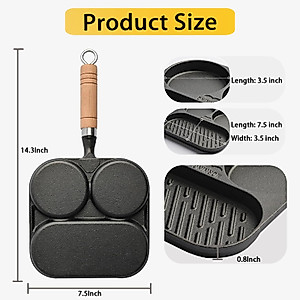 JUSTUP Nonstick Frying Pan,3-Section Cast Iron Egg Pan Divided Pan with Wooden Handle,3-in-1 Versatile Breakfast Pan,Mini Skillet Pan for Egg,Steak and Burgers (Black)
