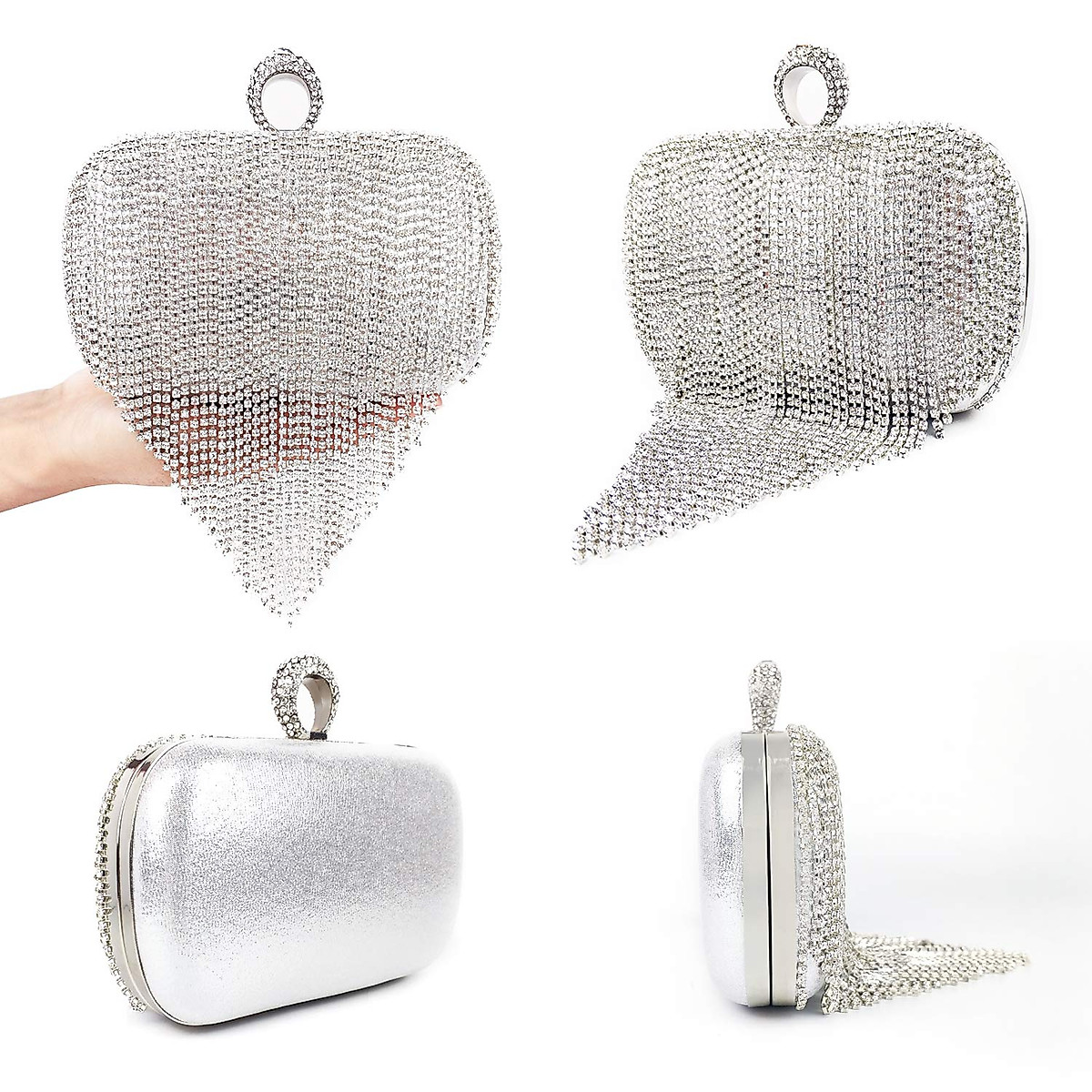 zebrum Womens Evening Clutch Bag Designer Evening Handbag Hand Bag,Lady Party Wedding Clutch Purse (Silver- Rhinestone Tassel)