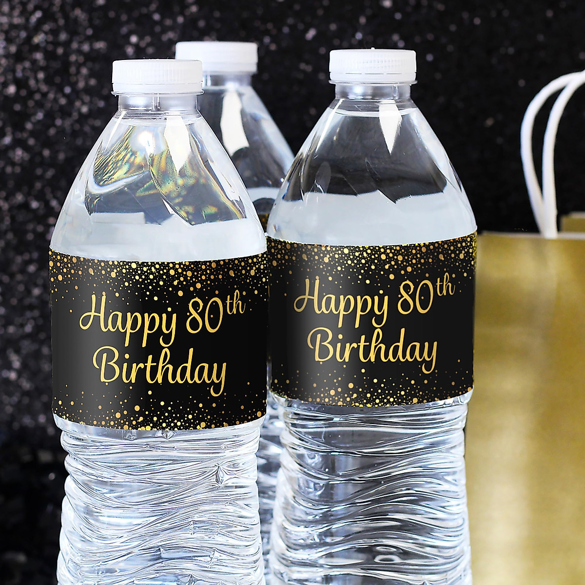 Black and Gold 80th Birthday Party Water Bottle Labels, 80th Birthday Decorations, Waterproof Stickers for Water Bottles - 24 Stickers