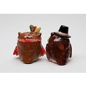 Fine Ceramic Thanksgiving Pilgrim & Native American Indian Owl Salt & Pepper Shakers Set, 2-7/8" H