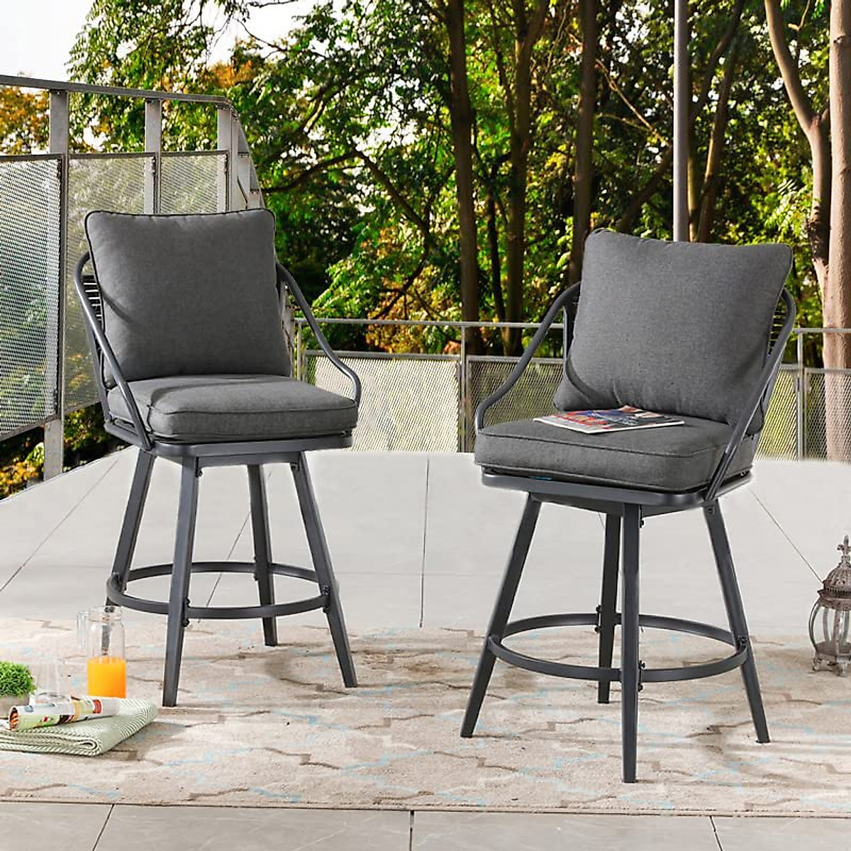 PatioFestival Outdoor Swivel Bar Stools Set of 2,Bar Height Patio Chairs Cushioned Metal All Weather Garden Furniture for Deck Porch Backyard