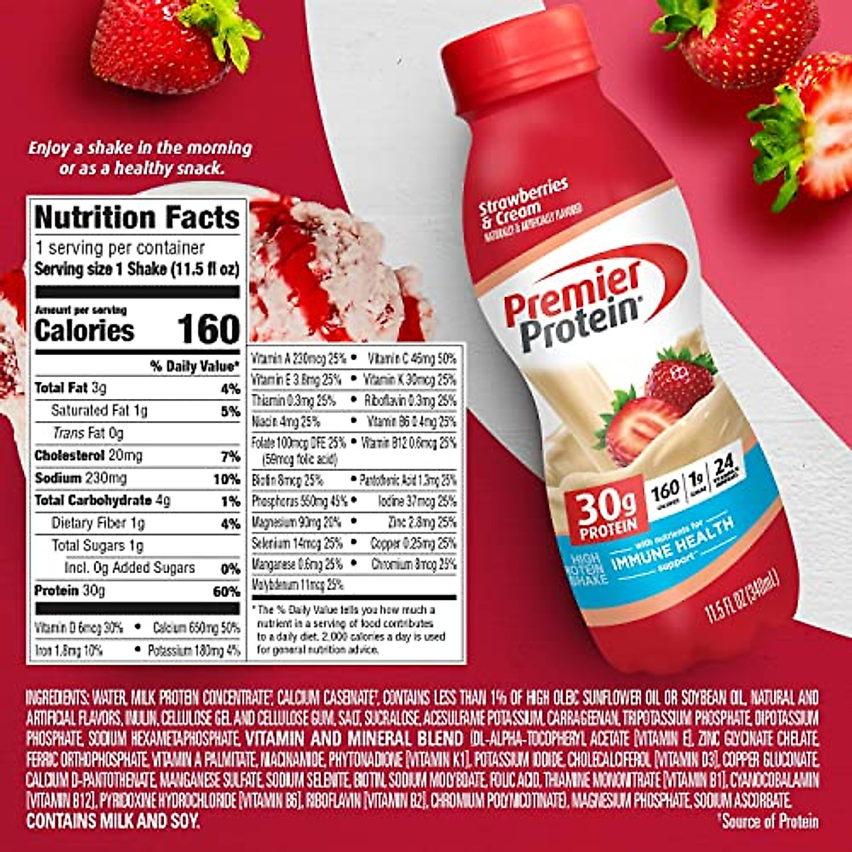 Premier Protein Shake, Strawberries & Cream, 30g Protein, 1g Sugar, 24 Vitamins & Minerals, Nutrients to Support Immune Health,11.5 fl oz