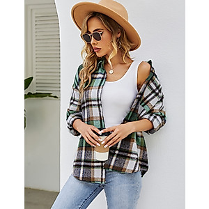 ClearFlower Womens Fall Fashion 2022 Plaid Shackets Flannel Jacket Casual Long Sleeve Button Collared Neck Oversized Shirts Green L