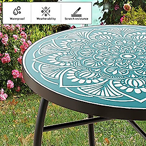 FROMJBEST Mosaic Outdoor Side Table, Patio Side Table, Weather Resistant 14" Diameter 21" H Ceramic Tile Round Outside Table for Patio, Porch, Garden, Pool, Indoor&Outdoor,Plant Stand (Cyan)