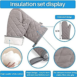 Oven Mitts and Pot Holders 4 pcs Set,High Heat Resistant 500 Degree Extra Thicken Long Kitchen Cotton Oven Glove for Cooking (12 Inch,Grey)