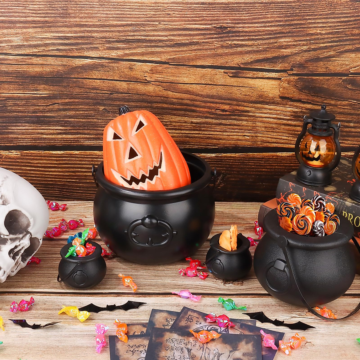 5 in 1(8.5", 5.5", 3pcs 2.8") Package Plastic Cauldron and Black Witches Cauldron,Halloween Decor Black Hanging Cauldron Candy Bucket for Holiday Trick or Treat Party and Patrick’s Day Decor