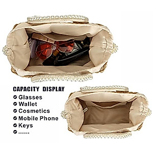 FUSMIC Women's Handbag Straw Handmade Artificial Pearl Rattan Weave Tote Shoulder Bag Beige