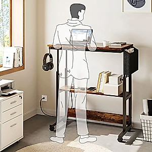 YITAHOME Height Adjustable Table with Charging Station, Portable Desk with Wheels, Small Standing Rolling Computer Desk with Tiltable Tabletop and Storage Bag, Brown