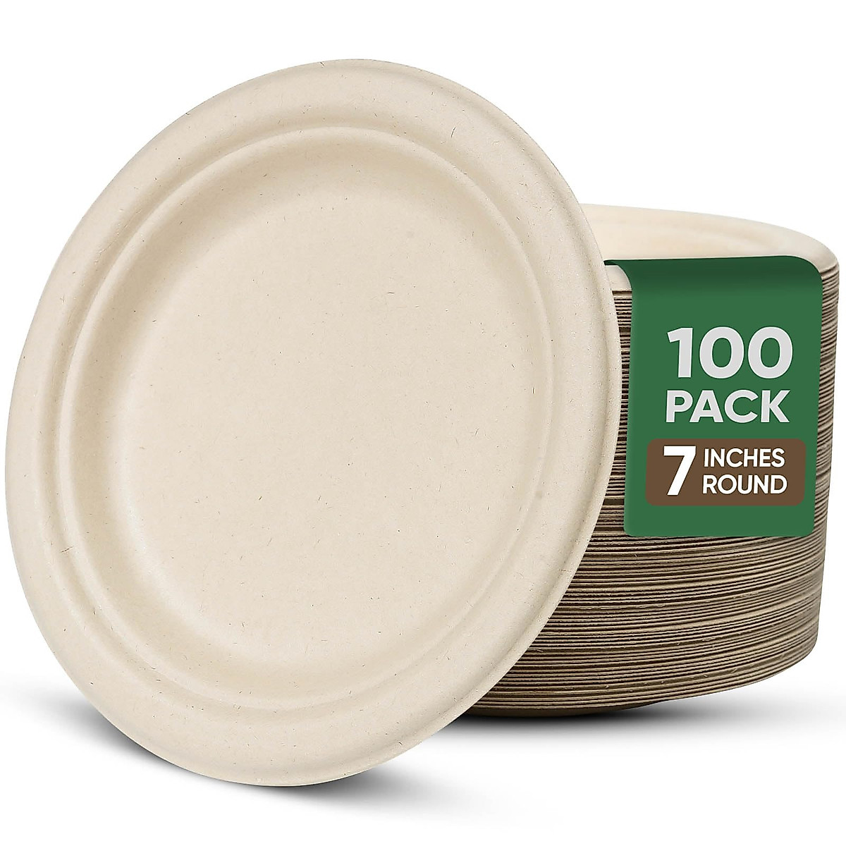 TaidMiao 7 Inch Paper Plates 100 Pack - 100% Compostable Disposable Plates, Heavy Duty Dessert Plates, Biodegradable Sugarcane Plates for Party (Microwavable, Oil/Water Proof, Eco-Friendly, Brown)
