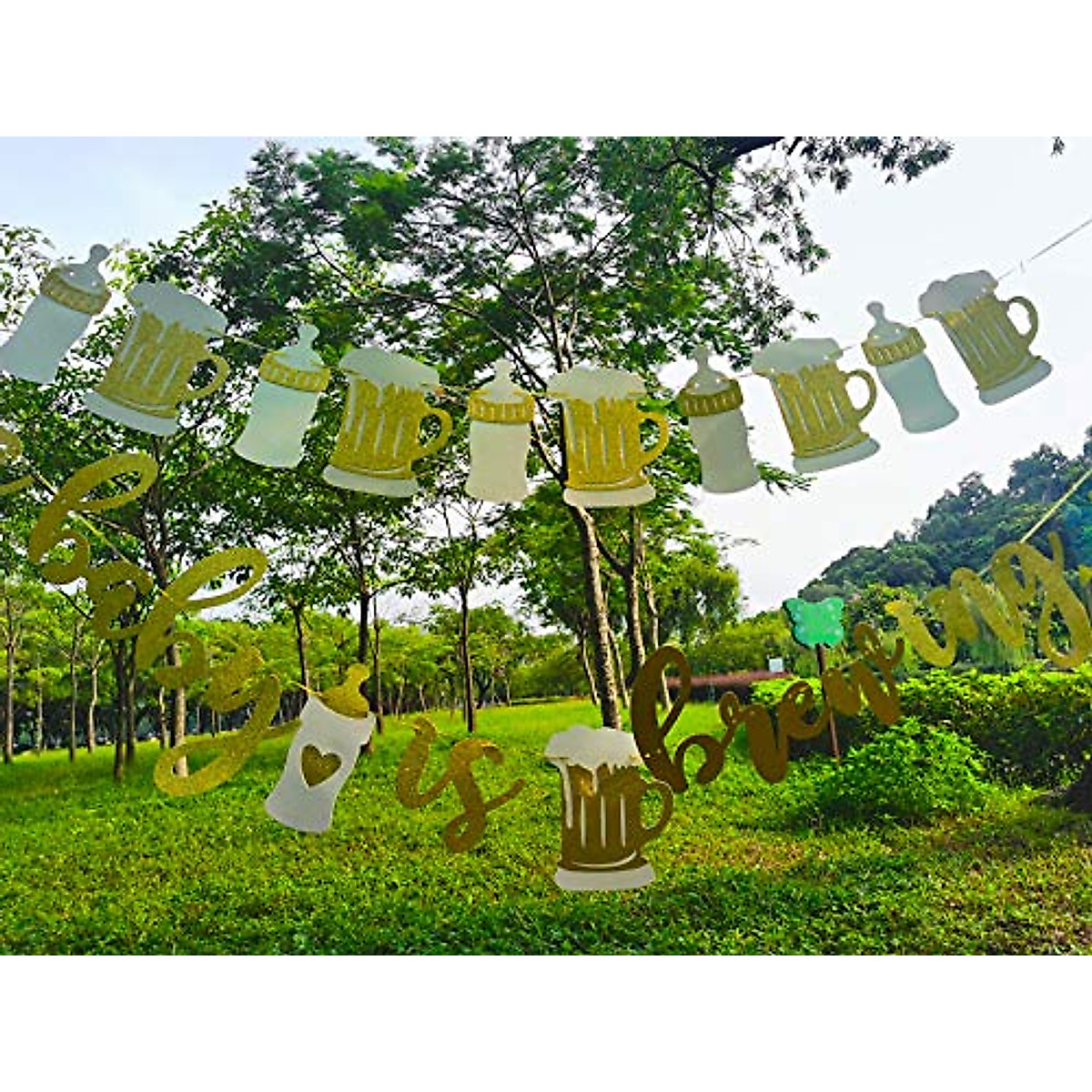 Set of 2 A Baby is Brewing Baby Shower Decorations Banner for Diaper Party Decor Gender Reveal Party Pregnancy Celebration Baby Brewing Sign with Beer Mug & Baby Bottle Design Pre-Strung