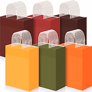 Humyoun 24 Pcs Fall Gift Bags Bulk Fall Candy Goodies Bags Kraft Paper Orange Gift Bags with Handles for Thanksgiving Autumn Wedding Birthday Party Favors