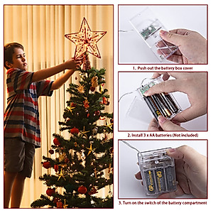 LAWOHO Christmas Tree Topper Star, 10 Inch LED Star Tree Topper, Red Beads Design Christmas Tree Star, Battery Powered Lighted Xmas Tree Topper for Holiday Seasonal Christmas Tree Decorations