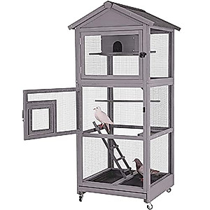 Aivituvin Outdoor Bird Cage Large Wooden Bird Aviary with Perch for Parakeet,Macaw and Any Small Birds,Wire Netting Above The Tray,Prevent Escape